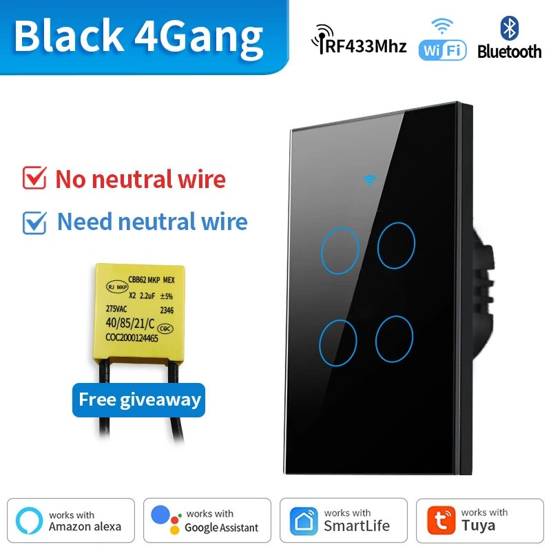 TNCE Туя WiFi/Zigbee умный выключатель WIFI Black 4Gang