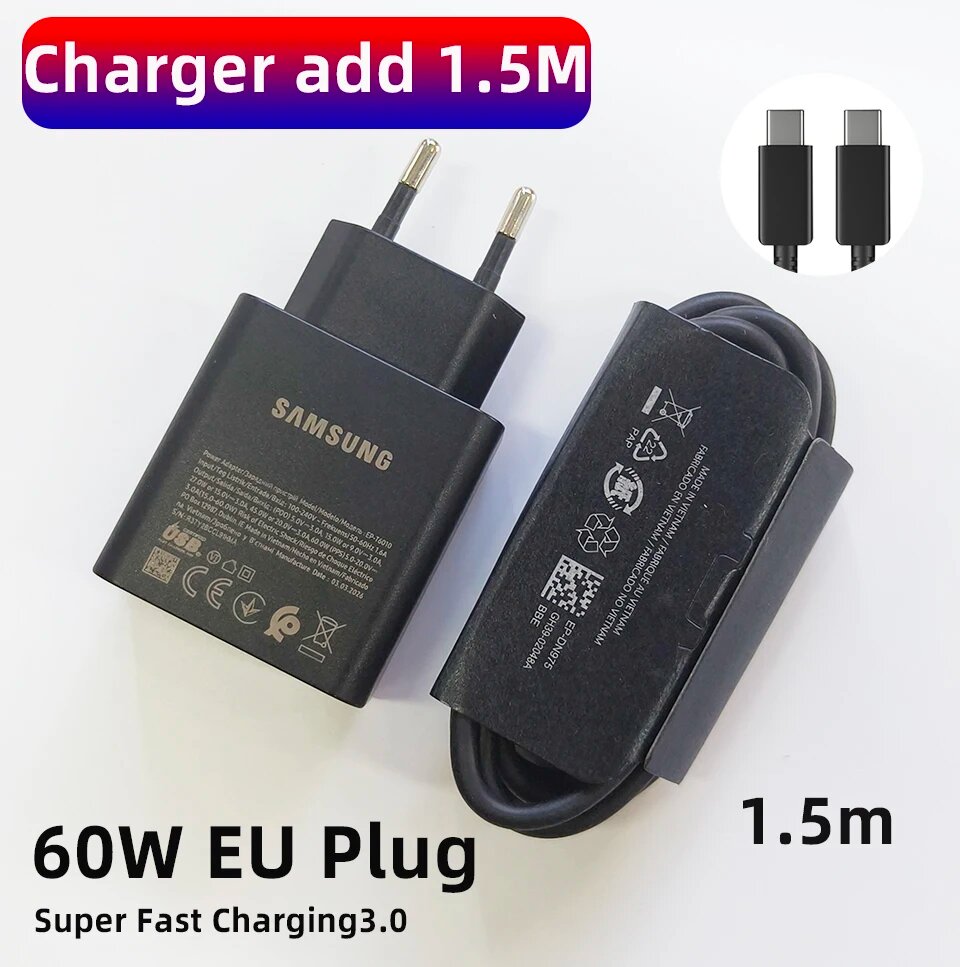 Оригинальное Быстрое Зарядное Устройство Samsung 60W С Адаптером USB-C EU/US Для Black EU add 1.5M
