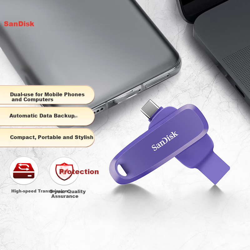 SanDisk 512GB Type-C USB3.2 мобильный флеш-накопитель DDC6 Purple двойной интерфейс большой ёмкости для телефона и