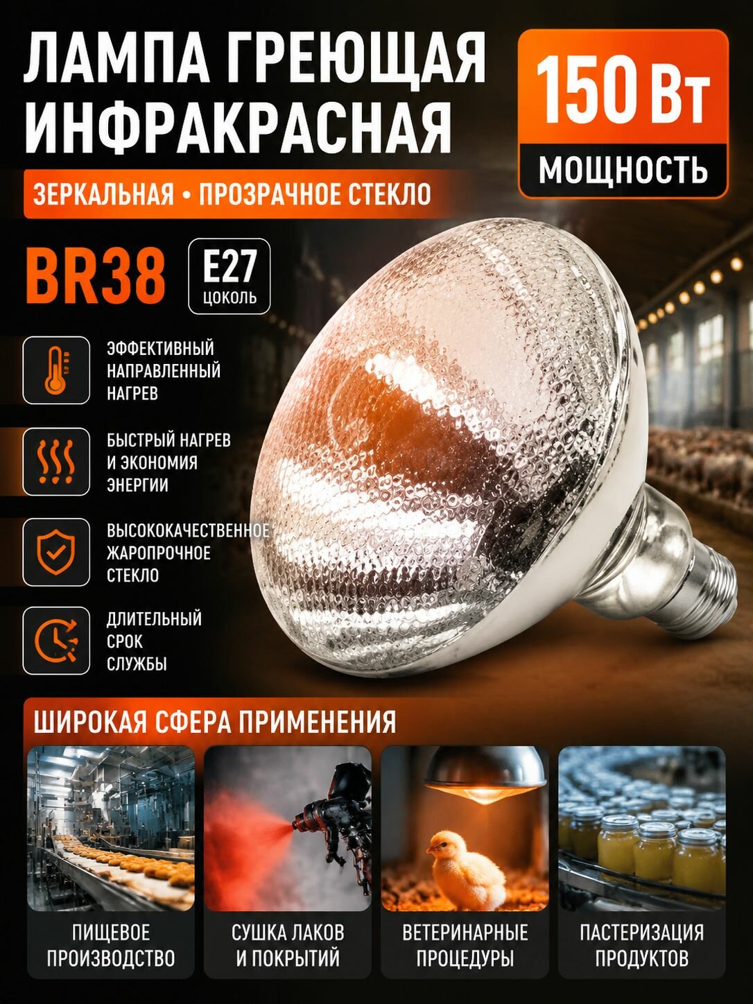 Зеркальная лампа обогрева 150W BR38 цоколь E27 прозрачное стекло. Для обогрева в пищевом производстве, сушки лаков, ветеринарных процедур и пастеризации продуктов.