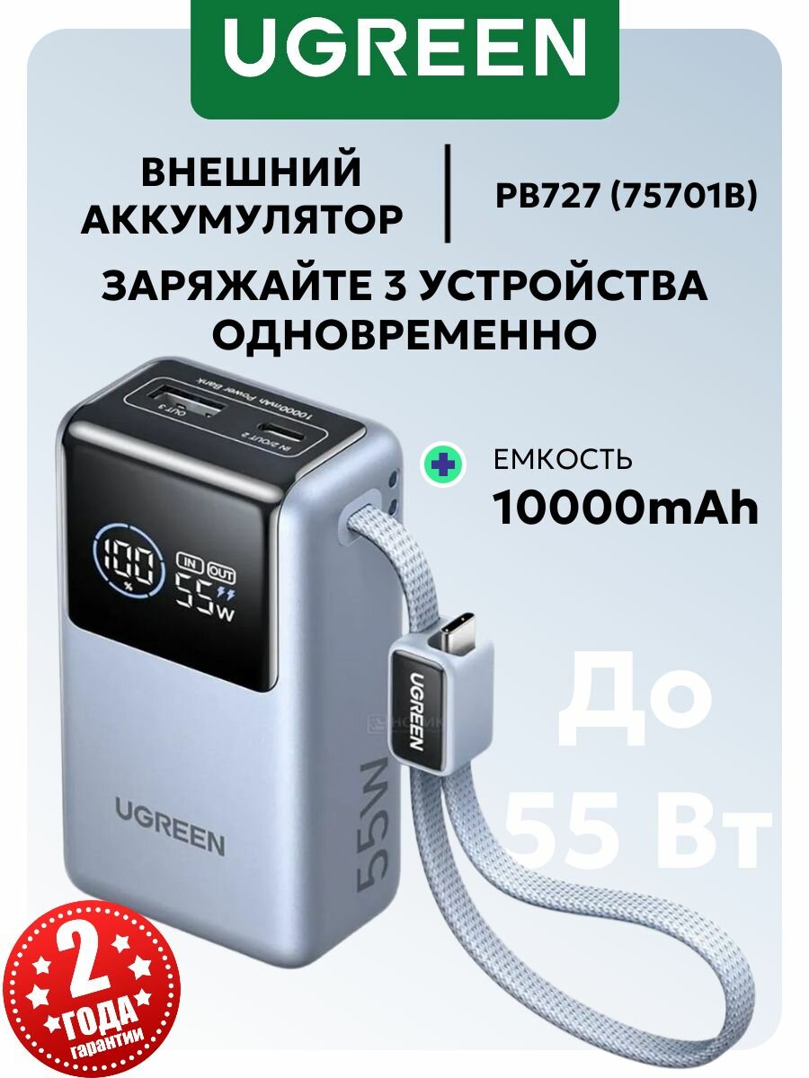Ugreen Внешний аккумулятор PB727 (75701B) Fast Charging для зарядки 3-х устройств, со встроенным кабелем USB-C, 10000 мАч, 55 Вт, серый, светло-серый, 75701B