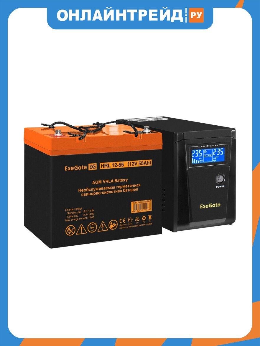 Комплект ИБП Exegate SineTower SZ-600. LCD. AVR.1SH + Батарея 55Aч, 1 шт. 600VA/360W