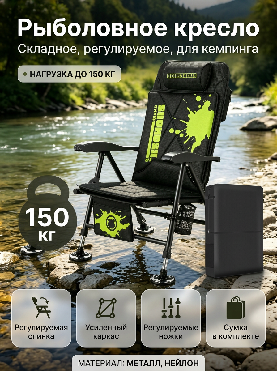 Кресло туристическое складное ZHONGZHOU для рыбалки, регулируемое, до 150 кг