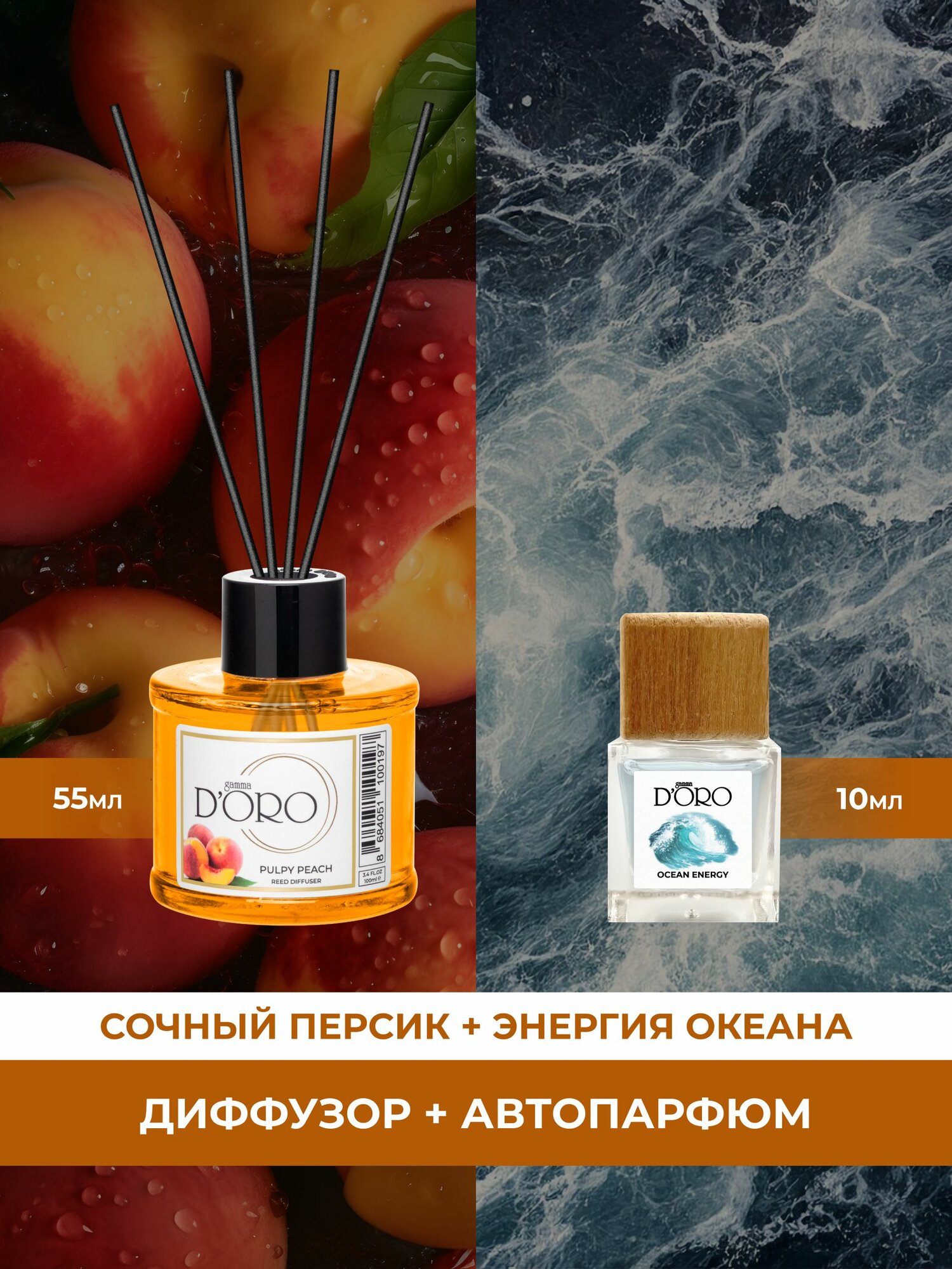 GAMMA D'ORO Подарочный набор диффузор ароматический для дома с палочками Сочный персик и ароматизатор для автомобиля Энергия океана, 55 мл и 10 мл