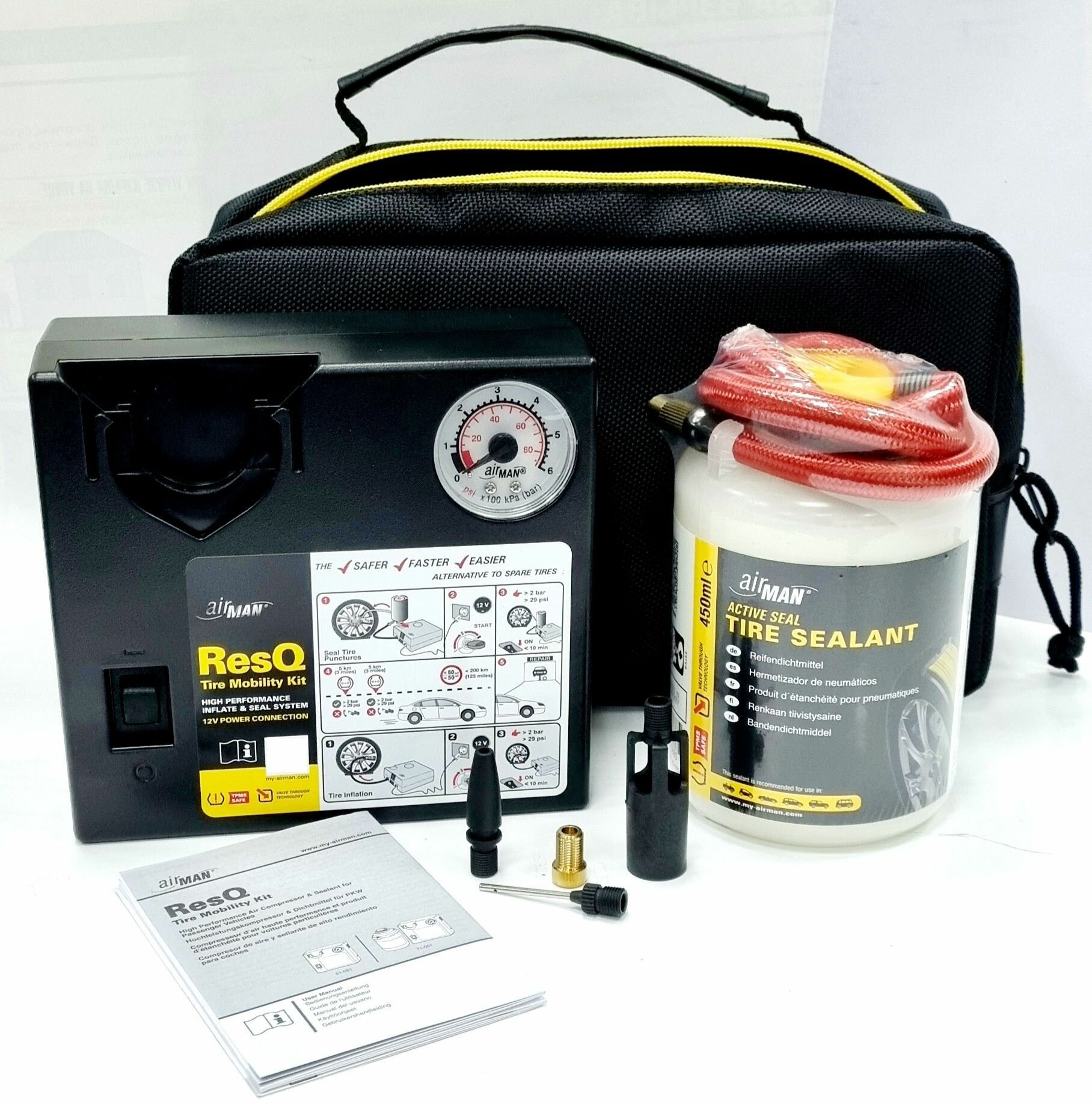 Компрессор автомобильный с герметиком AirMan ResQ Kit 180W, 34 л./мин, арт. 71-051, + герметик для устранения проколов 450 мл, арт. 65-005-001, поршневой автокомпрессор, насос