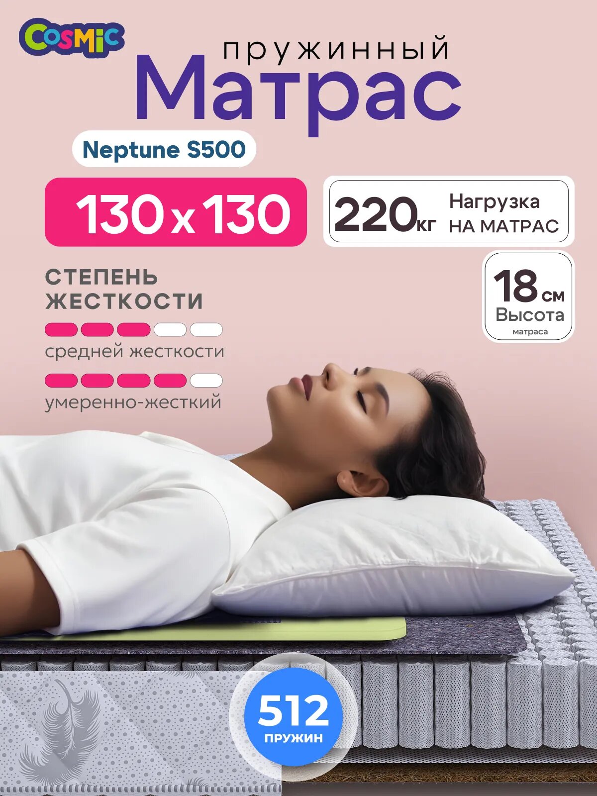 Матрас Cosmic Neptune 130x130 см, пружинный, 2 степени жёсткости, высота 19 см, анатомическая поддержка