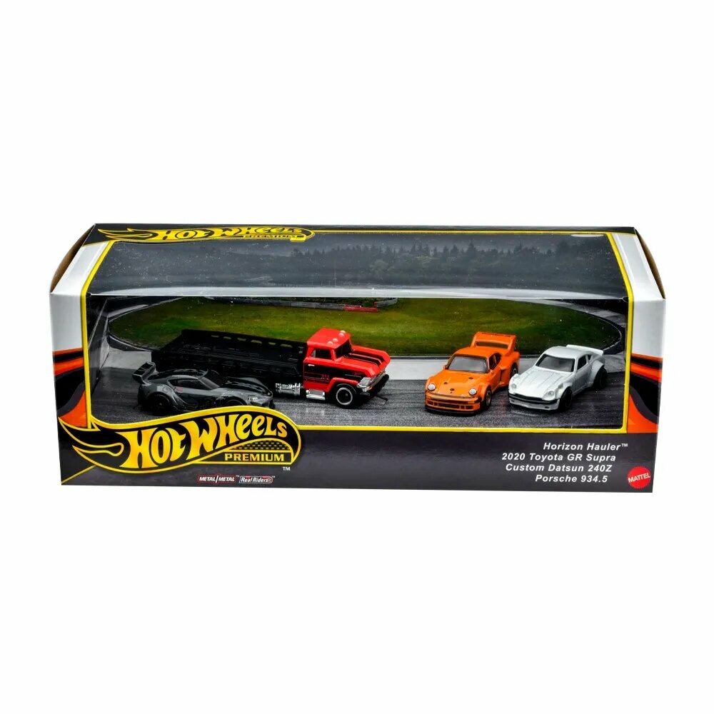 Машинка Hot Wheels 2025 Premium Garage Horizon Hauler+20 Toyota GR Supra+Custom Datsun 240Z+Porsche 934.5