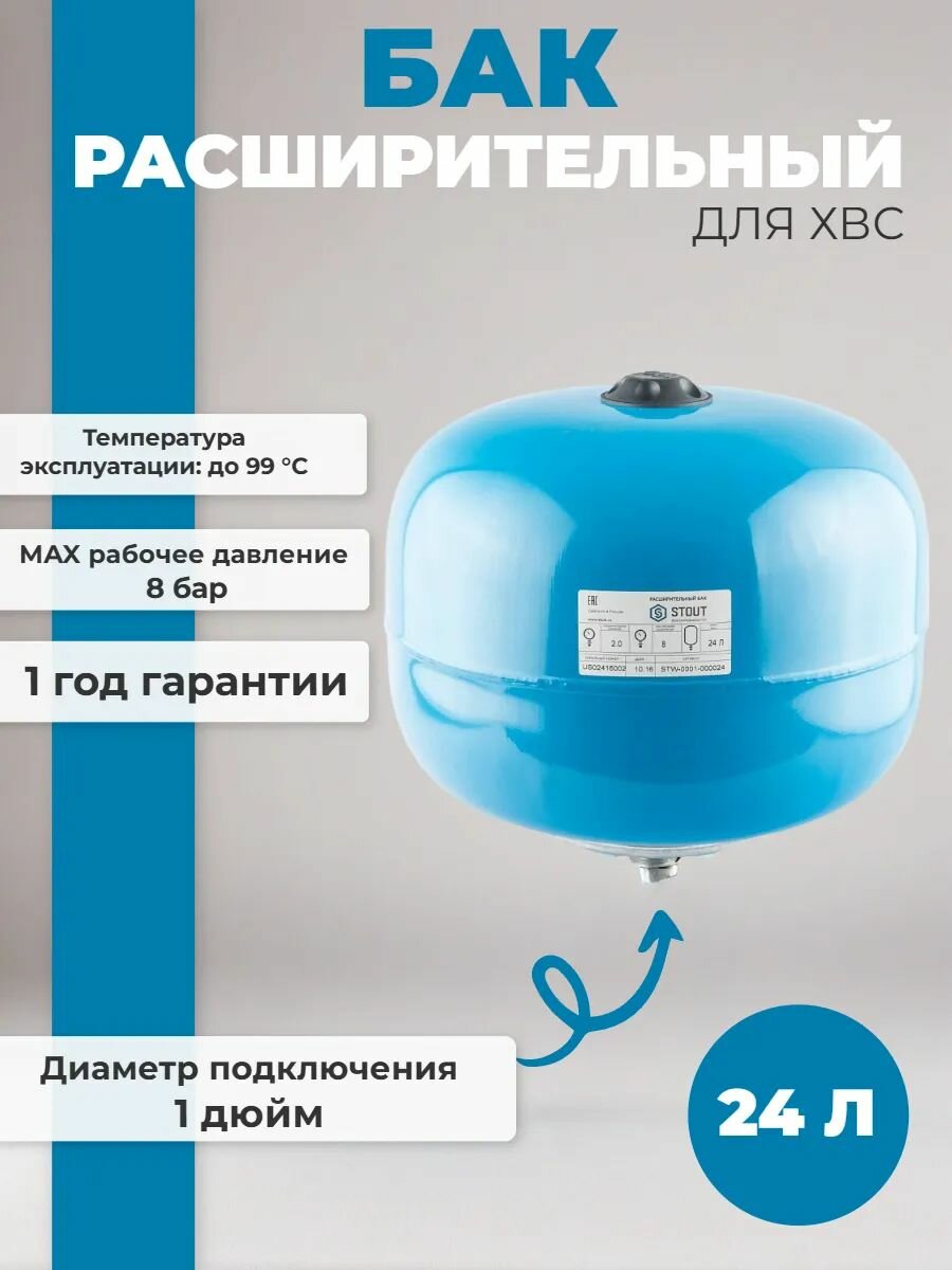 Расширительный бак, гидроаккумулятор STOUT 24 л. вертикальный