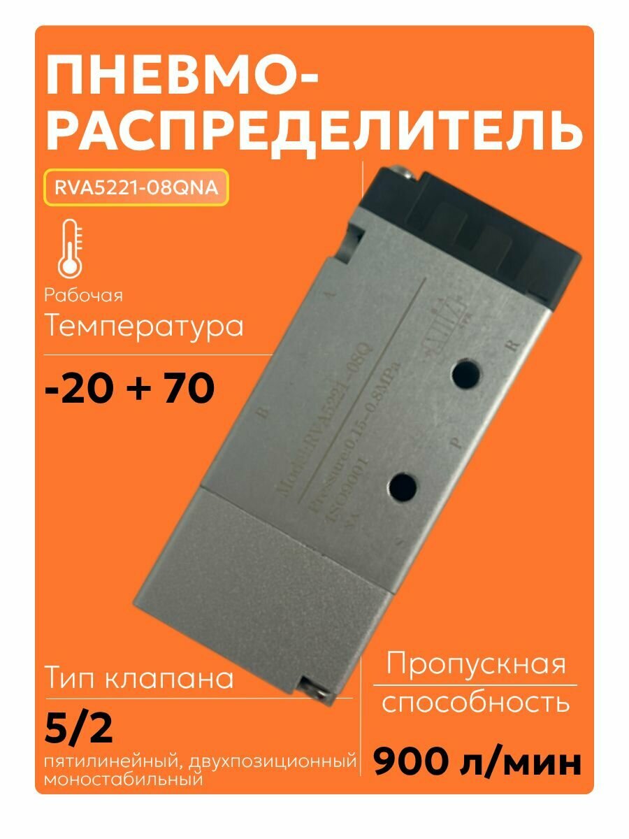 Пневмораспределитель 5/2 моностабильный G1/4, 22 мм, 24V/220V RVA5221-08QNA