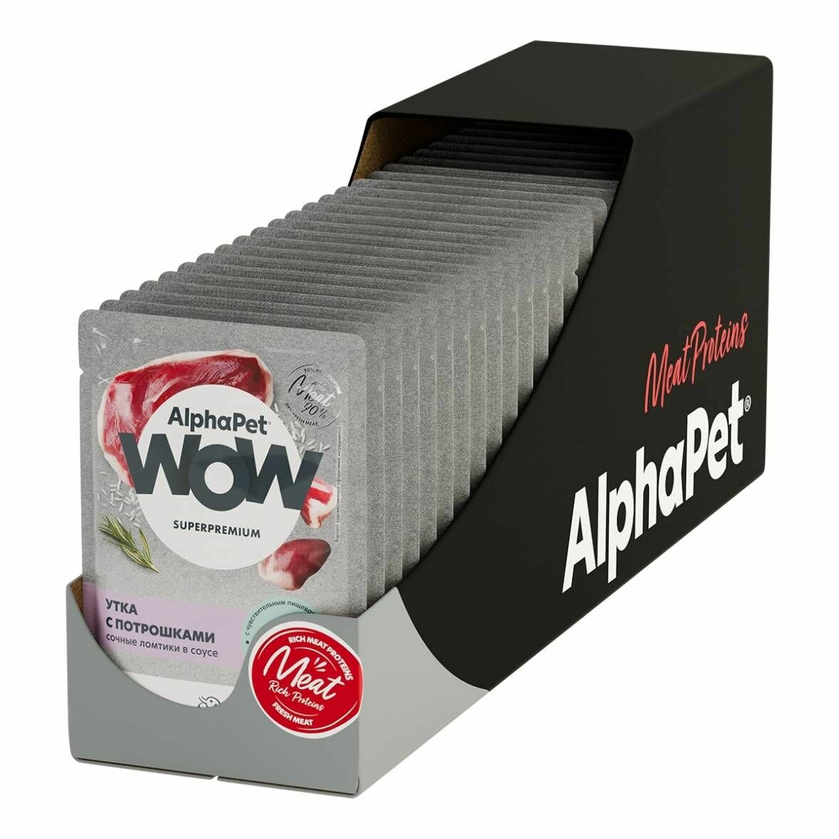 AlphaPet WOW Superpremium Влажный корм для взрослых кошек с чувствительным пищеварением с уткой и потрошками, сочные ломтики в соусе, в паучах - 85 г, 28 шт
