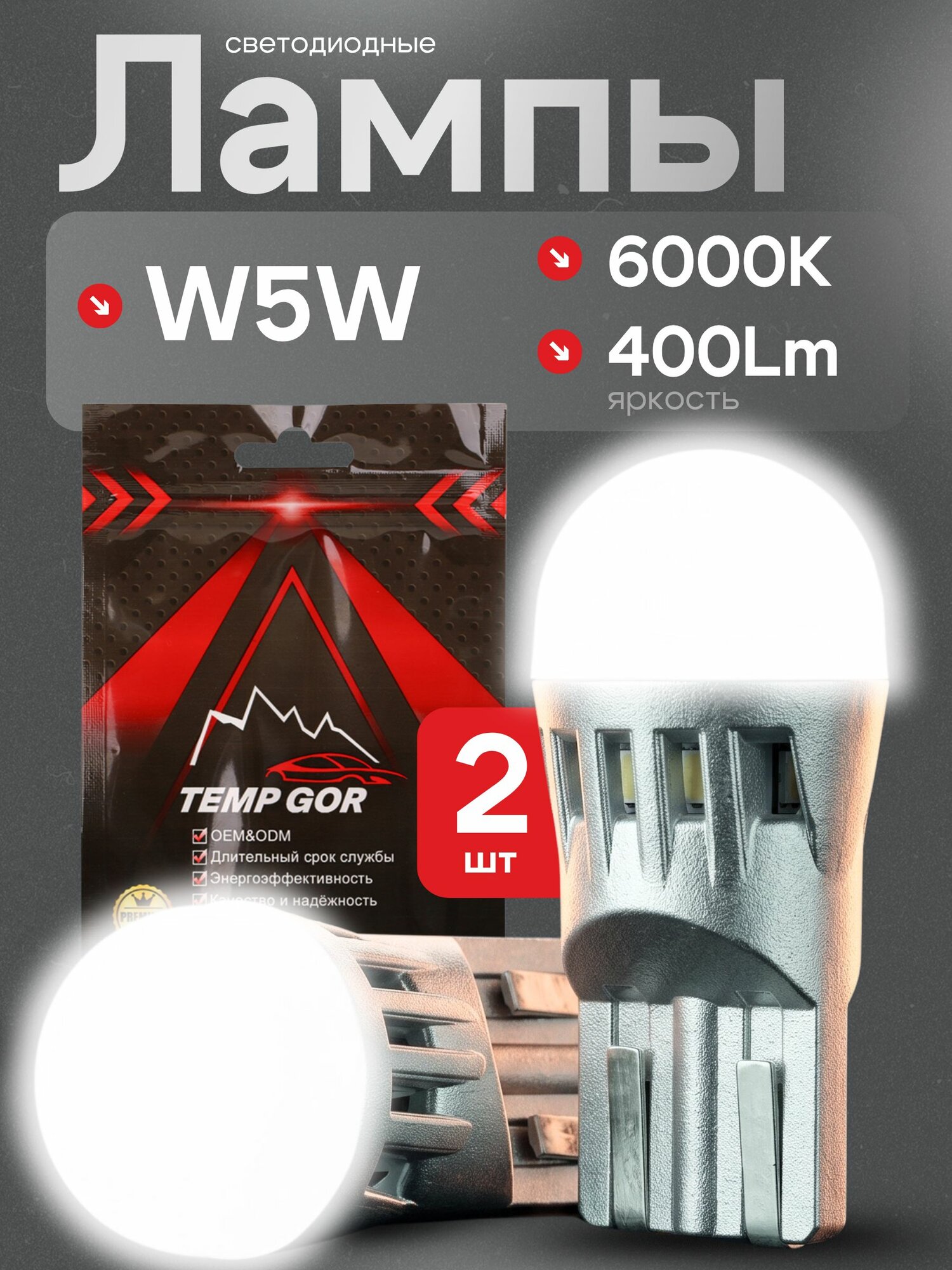 W5W Светодиодная лампа 2шт T10 LED W5W 6000K 12V лампочки габаритные светодиодные Temp Gor