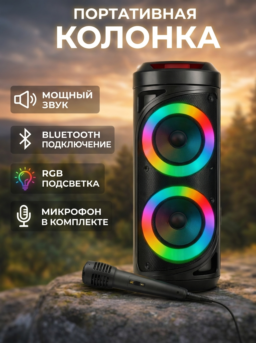 Портативная акустика bluetooth колонка музыкальная беспроводная, большая, мощная, с микрофоном, RGB подсветка, 6212