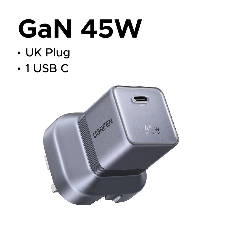 【Ультракомпактное】Зарядное устройство UGREEN Nexode Air 45W GaN USB-C с Серый, Mini 45W-UK Plug