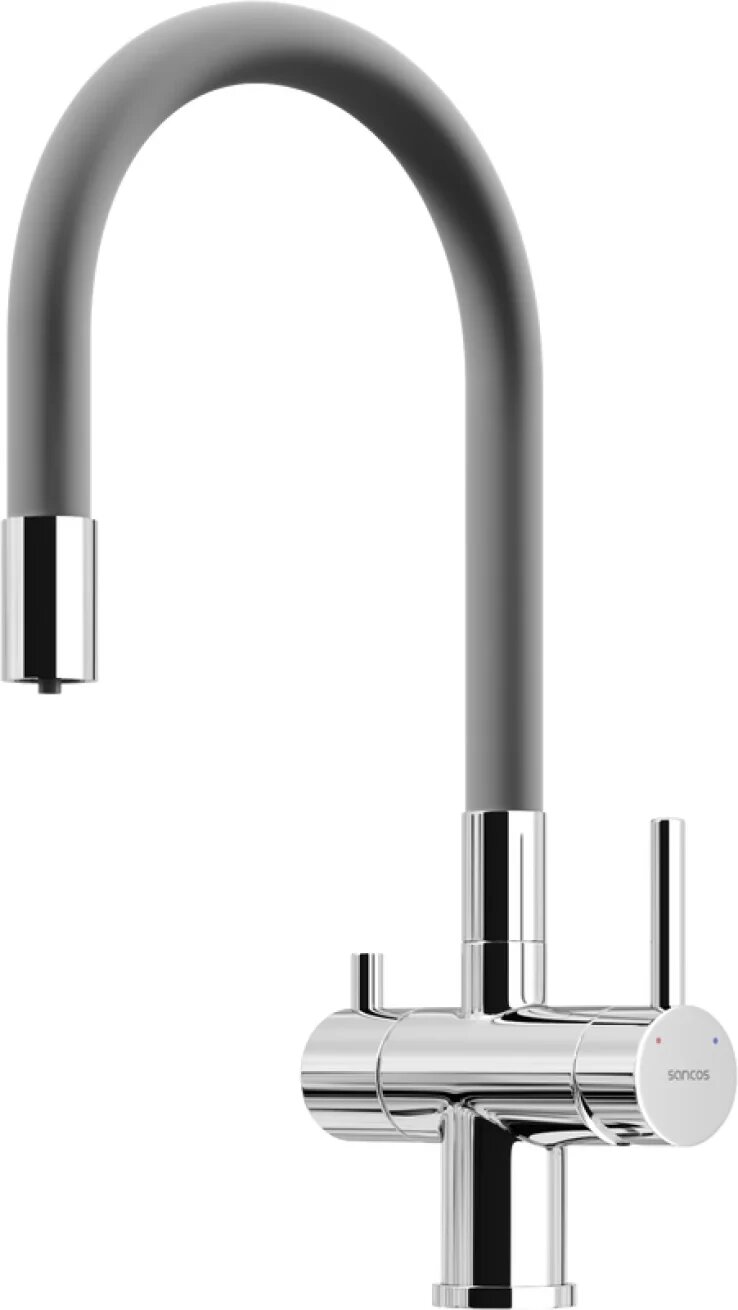 Смеситель для кухни Sancos Lucia SC4004CH с гибким изливом, хром, Силикон, матовая, серый, рычажное, 50×40×50 см