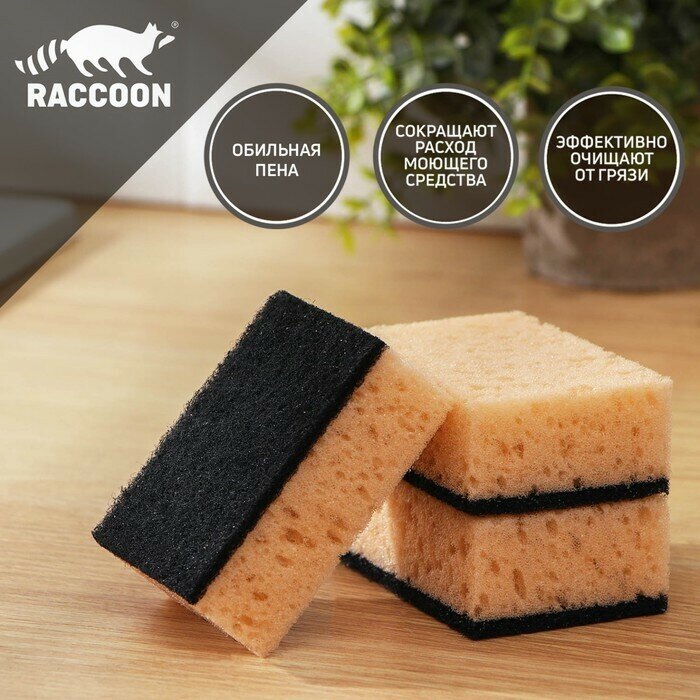 Набор губок для мытья посуды Raccoon Лофт , 3 шт, 9x6,5x3,5 см, крупнопористый поролон, цвет бежевый