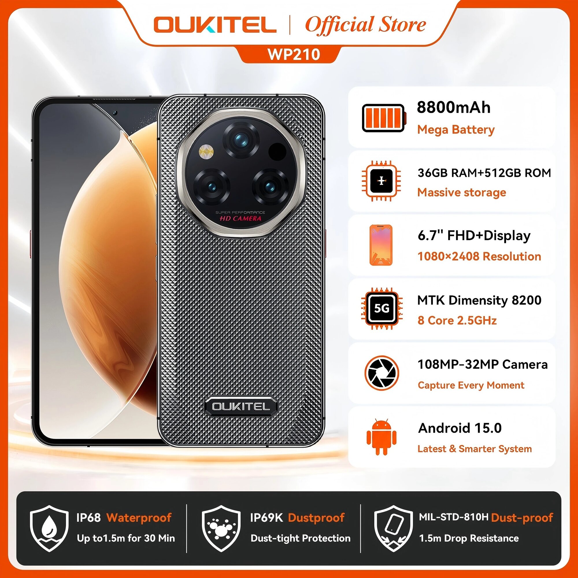 OUKITEL WP210 прочный телефон-MTK 8200, 36 ГБ+512 ГБ, 8800 мАч 45 Вт, 6,7" FHD+, NFC, 108mp Android15 5G смартфон