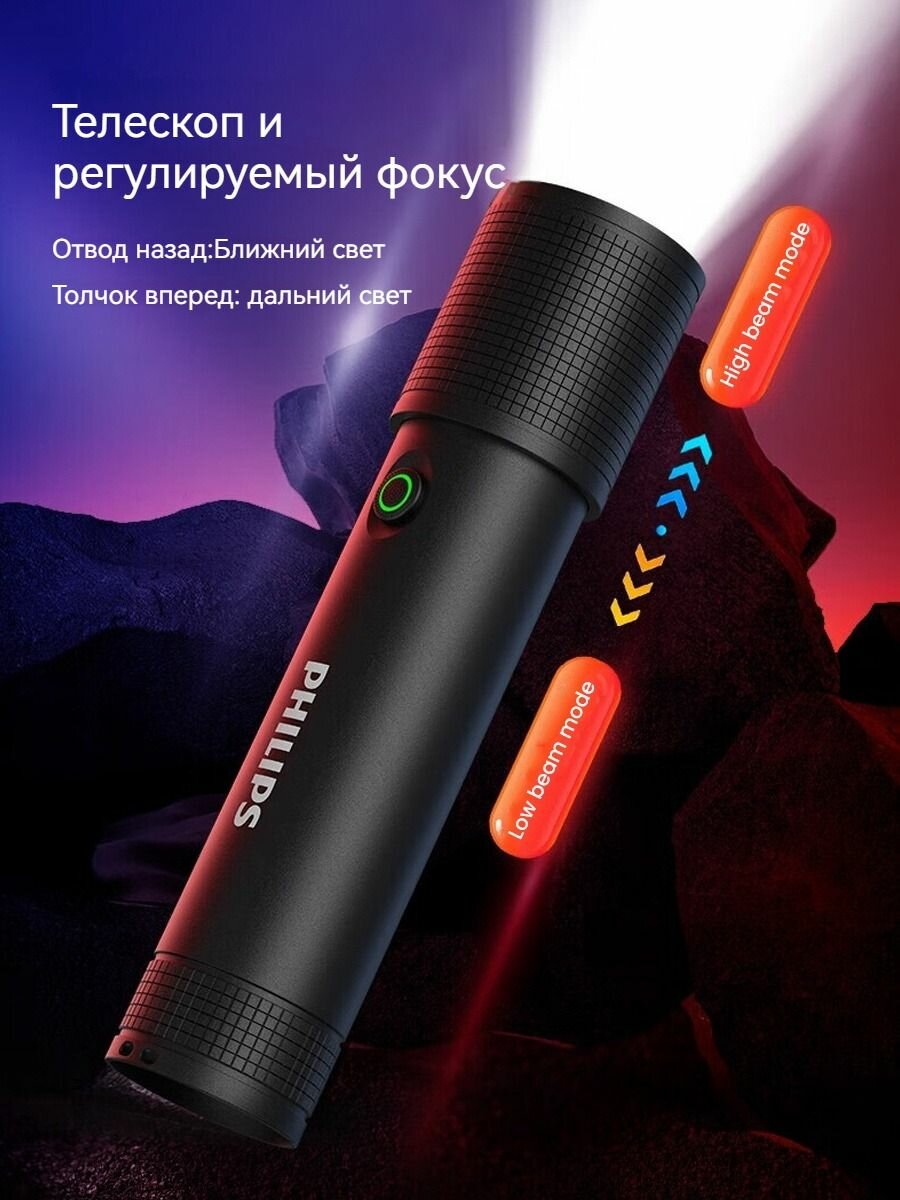 PHILIPS SFL2185 Светодиодный фонарь с зумом, 1800 мАч, 150 мин работы, Type-C, 4 режима, безступенчатая регулировка