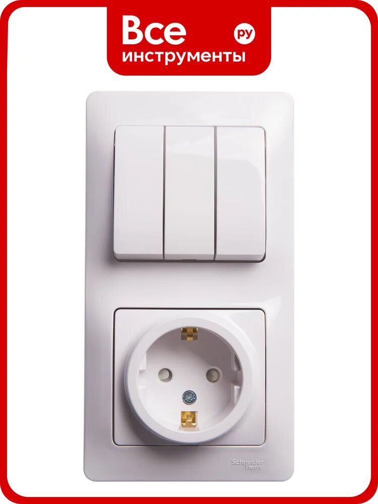 Блок розетка с заземлением со шторками + 3-клавишный выключатель Systeme Electric GLOSSA белый GSL000178