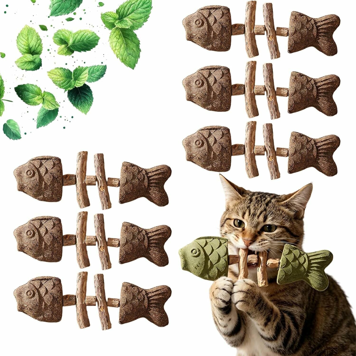 6шт Кошачья мята и Серебрянка Жевательные, Рыбья кость Кошачья Зубная жевательная игрушка
