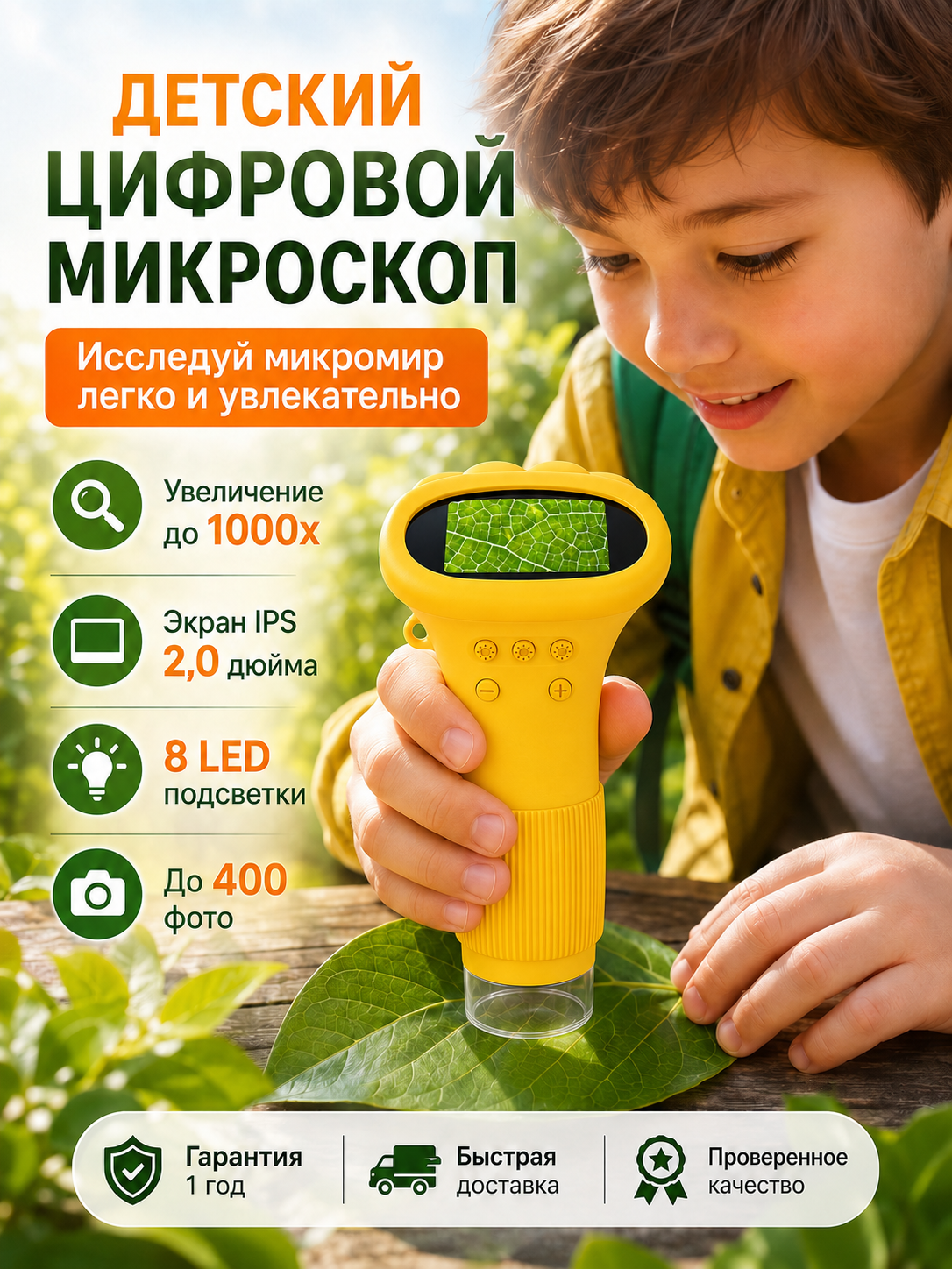 Детский микроскоп, цифровой микроскоп с 1000-кратным увеличением и 2-дюймовым экраном.