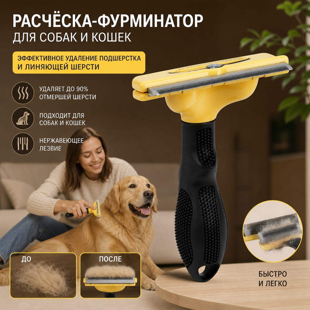Фурминатор для вычесывания подшерстка собак, комфортный, удаление подшерстка