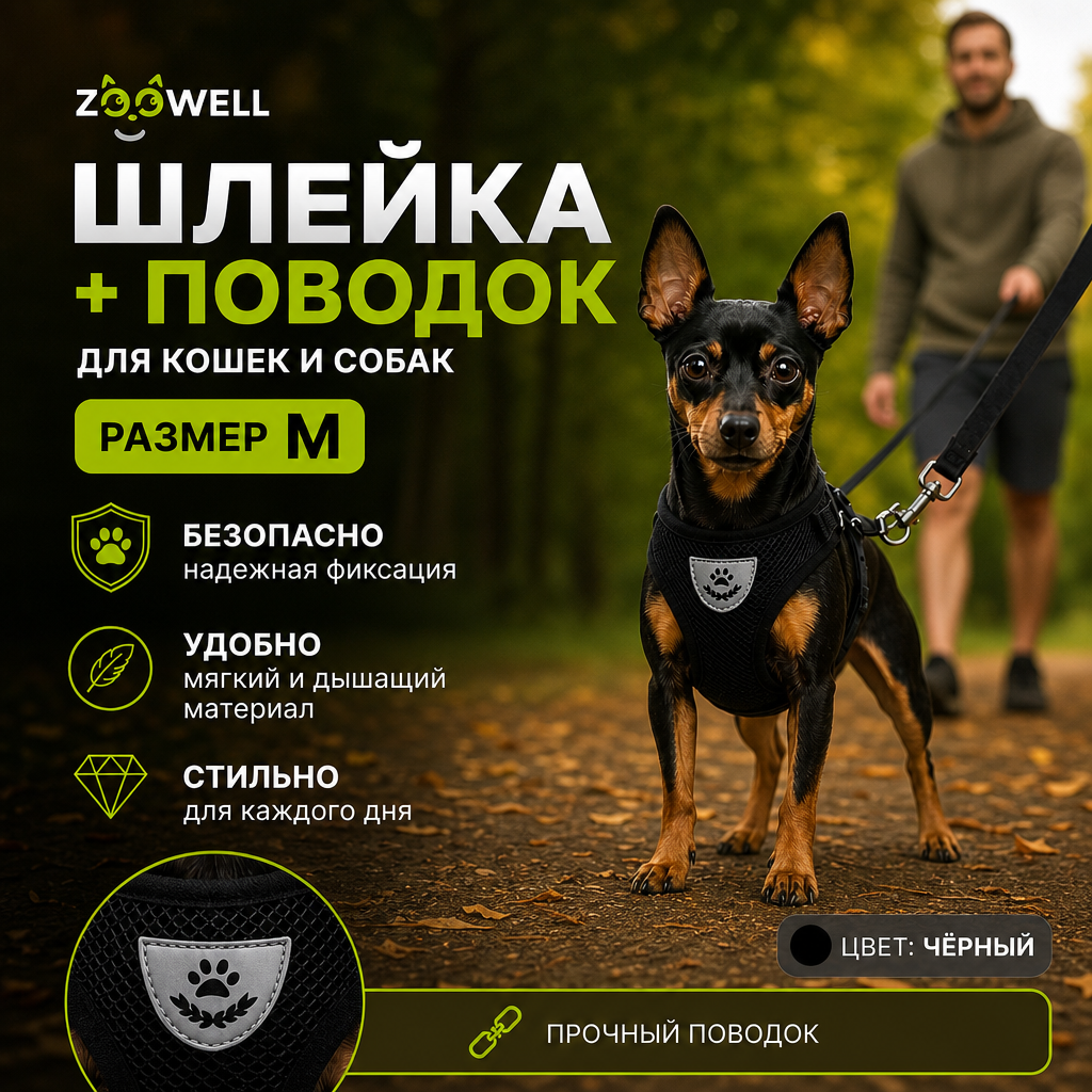 Регулируемая шлейка для собак, черный, комфортный, против рывков, ZooWell