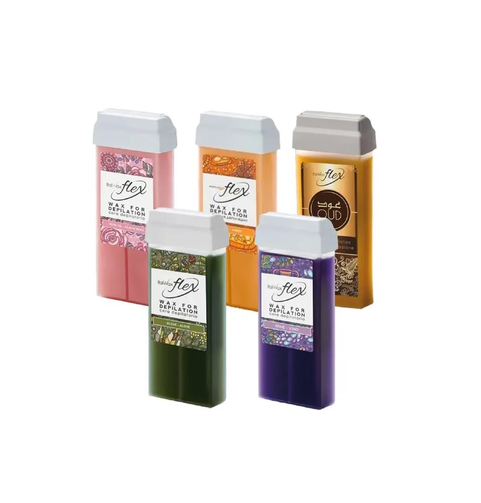 Воск в картридже ITALWAX FLEX набор из 5 шт по 100 мл, , Кремовая роза Rose oil, Янтарь Amber, Водоросли Algae, Уд oud, Вино Wine