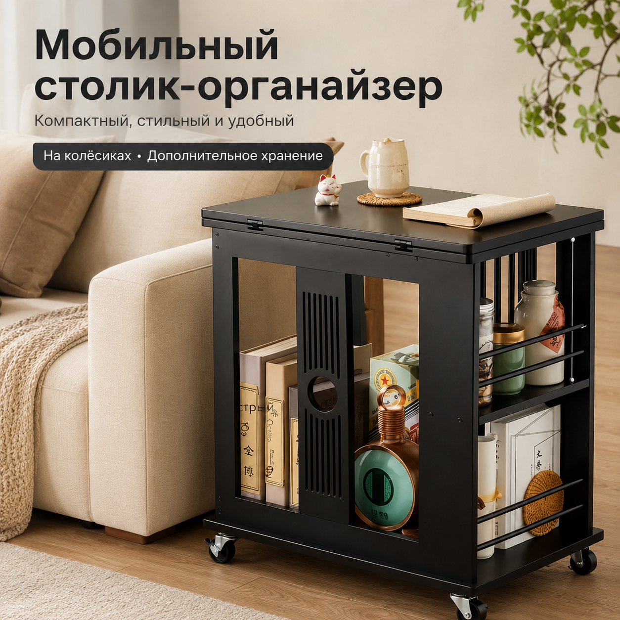 Журнальный стол ASDF, бамбуковая столешница, на колесиках, 50x32x55 см