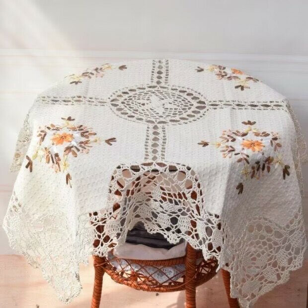 Винтажная вышитая хлопковая скатерть 85 см, Square 85cm, Белый, Anderlen
