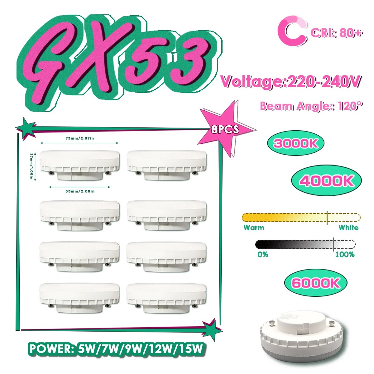 Gatetop светодиодная лампа GX53 5-15Вт 220В Розовый, 8PCS, Cold white 6000K, 15 Вт