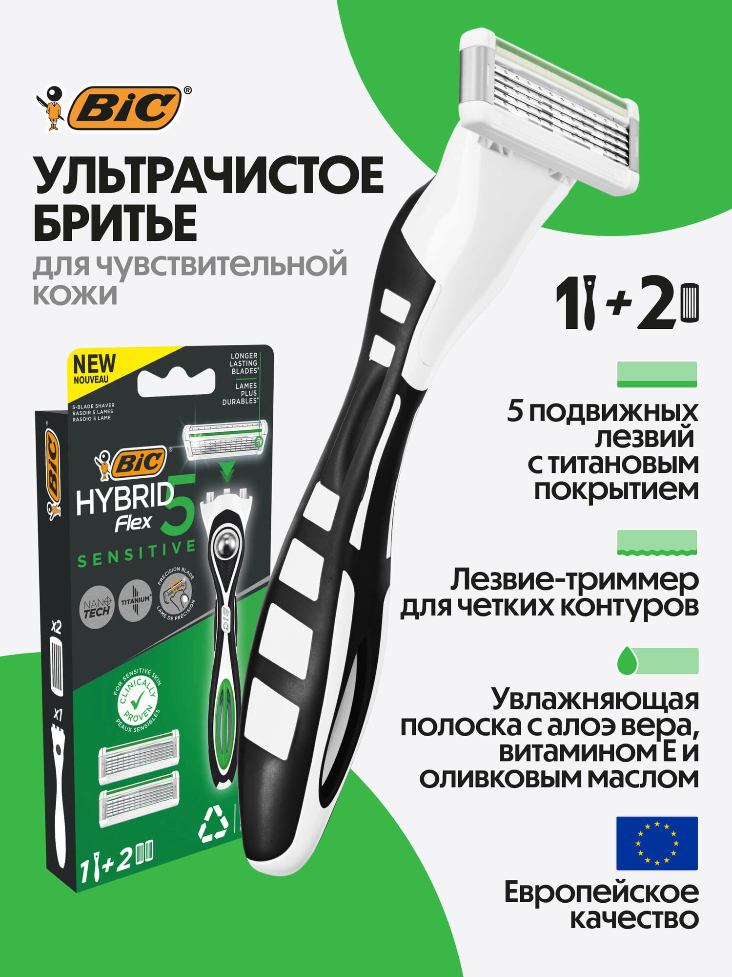 Мужская бритвенная система BIC HYBRID 5 FLEX для чувствительной кожи уп. 1 ручка + 2 кассеты