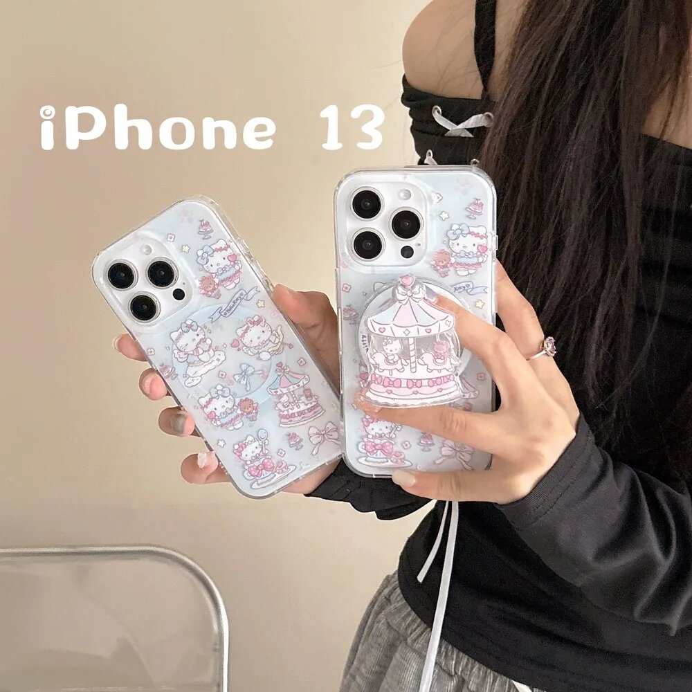 Чехол для iPhone 13 с рисунком Hello Kitty, каруселью и подставкой