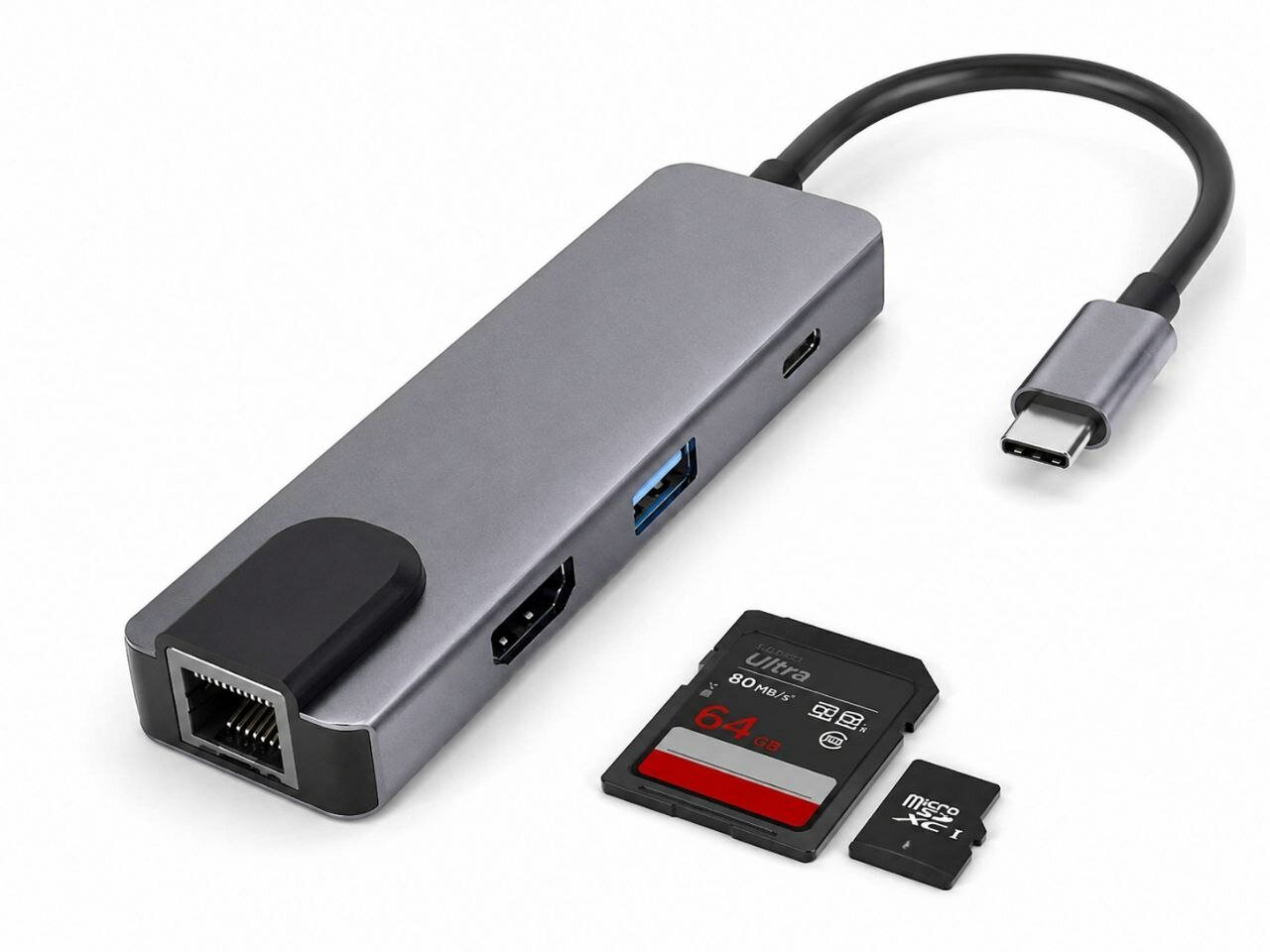 Type-C HUB для MacBook / USB разветвитель / HDMI адаптер 4K / USB HUB 3.0 / HDMI4K / RJ45 / Support Card Reader (SD+TF)