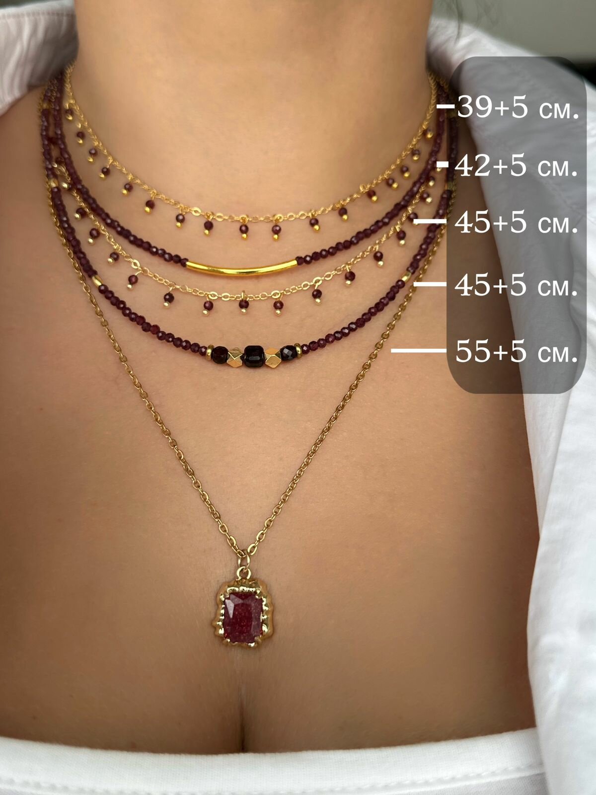 Колье ТИХИЙ СВЕТ, гранат, гематит, Swarovski Zirconia, 5 шт., длина 36 см, многоцветный — фото 1