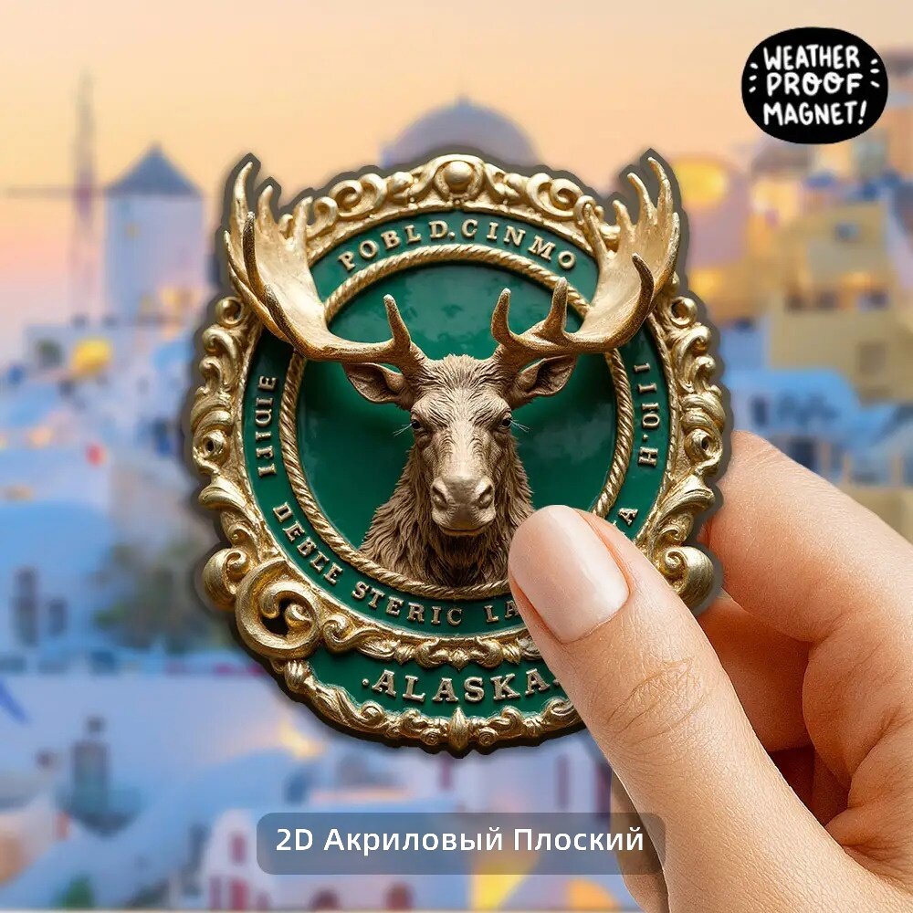 Магнит на холодильник «Голова лося» в стиле Аляски, зелено-золотая рамка, акриловый, 2D плоский, 1 шт.