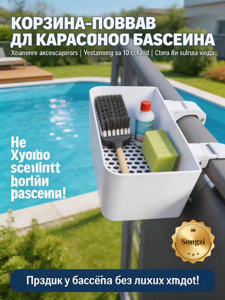Подвесная корзина для инвентаря бассейна, органайзер на бортик каркасного бассейна с водостоком