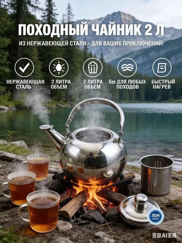 Походный чайник из нержавеющей стали 2L для дачи, рыбалки и пикника