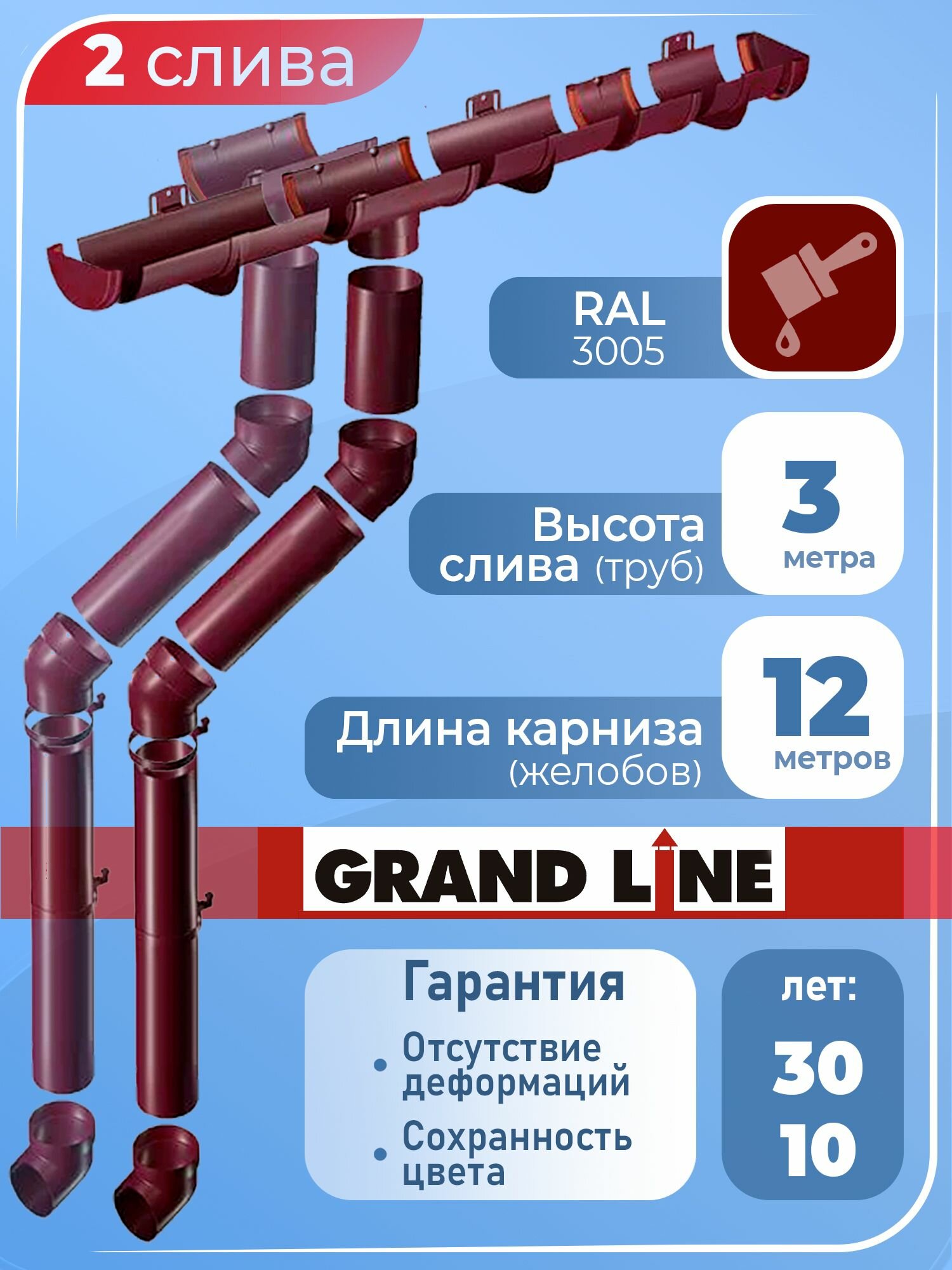 Grand Line Водосточная система (длина 12 м /высота 3 м) RAL 3005 бордо 2 слива , водосток для крыши пластиковый Гранд Лайн (120 мм/ 90 мм) комплект элементов ПВХ вишневый