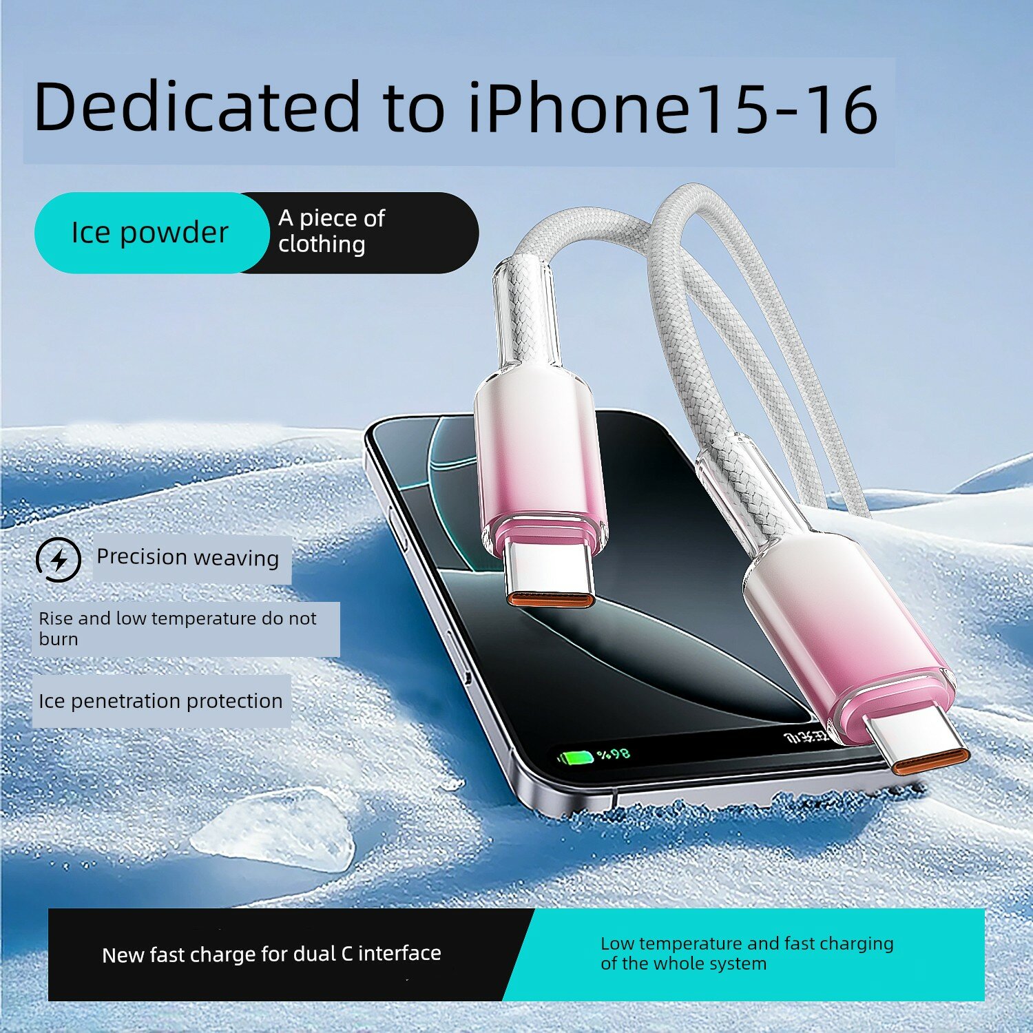 Совместимый с сериями Apple 15-17 ледяной прозрачный розовый кабель USB-C быстрой зарядки, 1м, 1 шт.