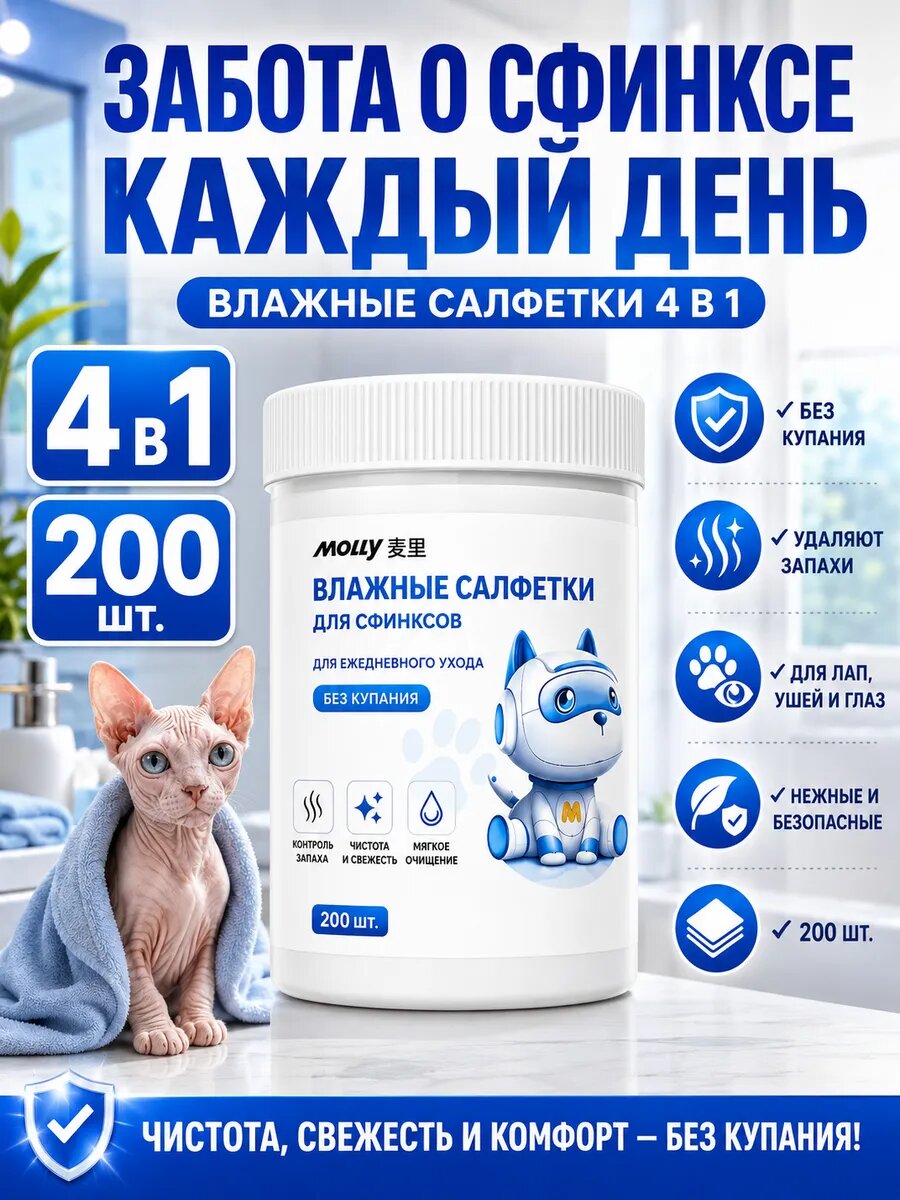Салфетки для уборки бесшёрстных кошек