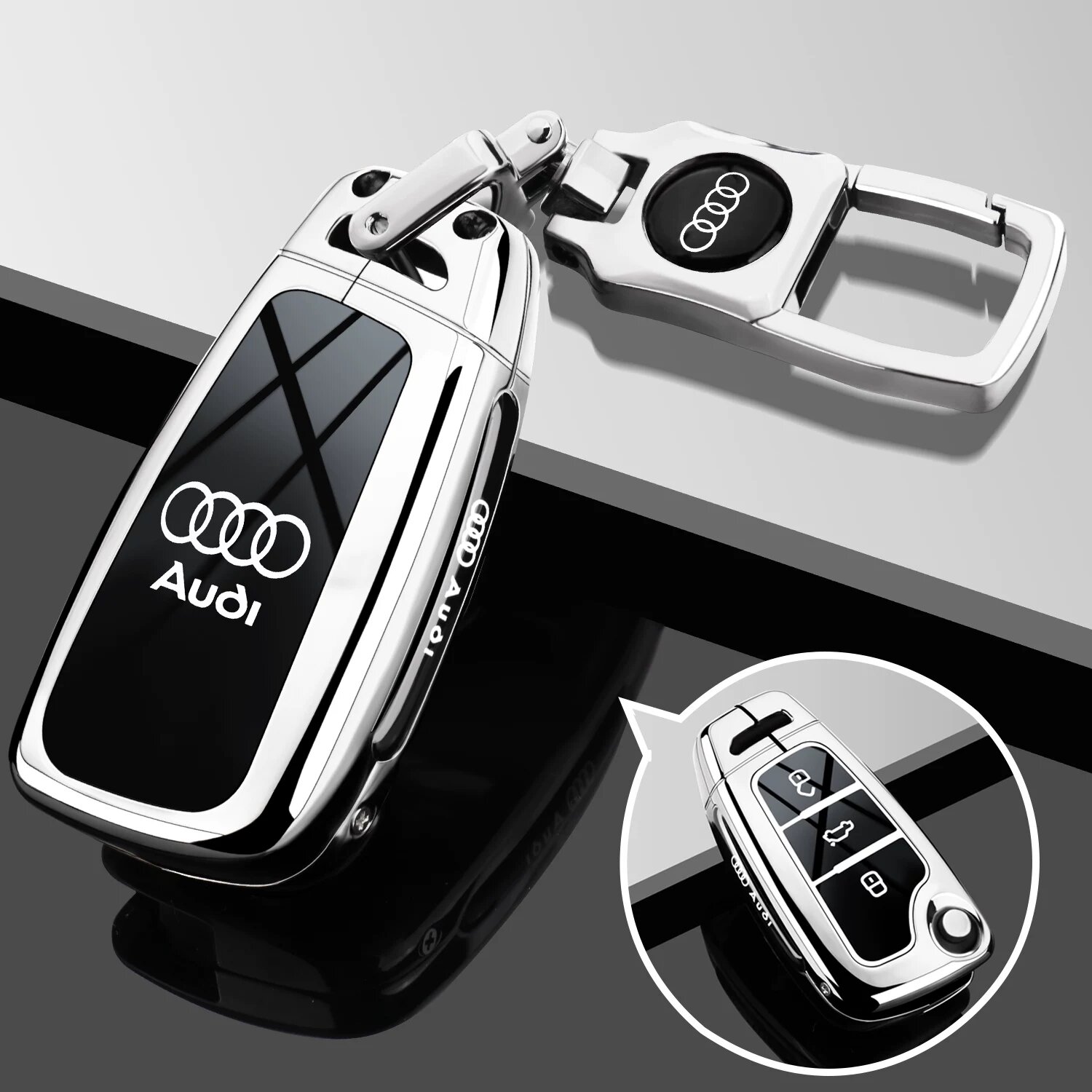 Складной чехол для ключа Audi с эмблемой, серебристый, квадратная форма для моделей Q3, A1, A3, Q2L, TT, A6, Q7, Q5