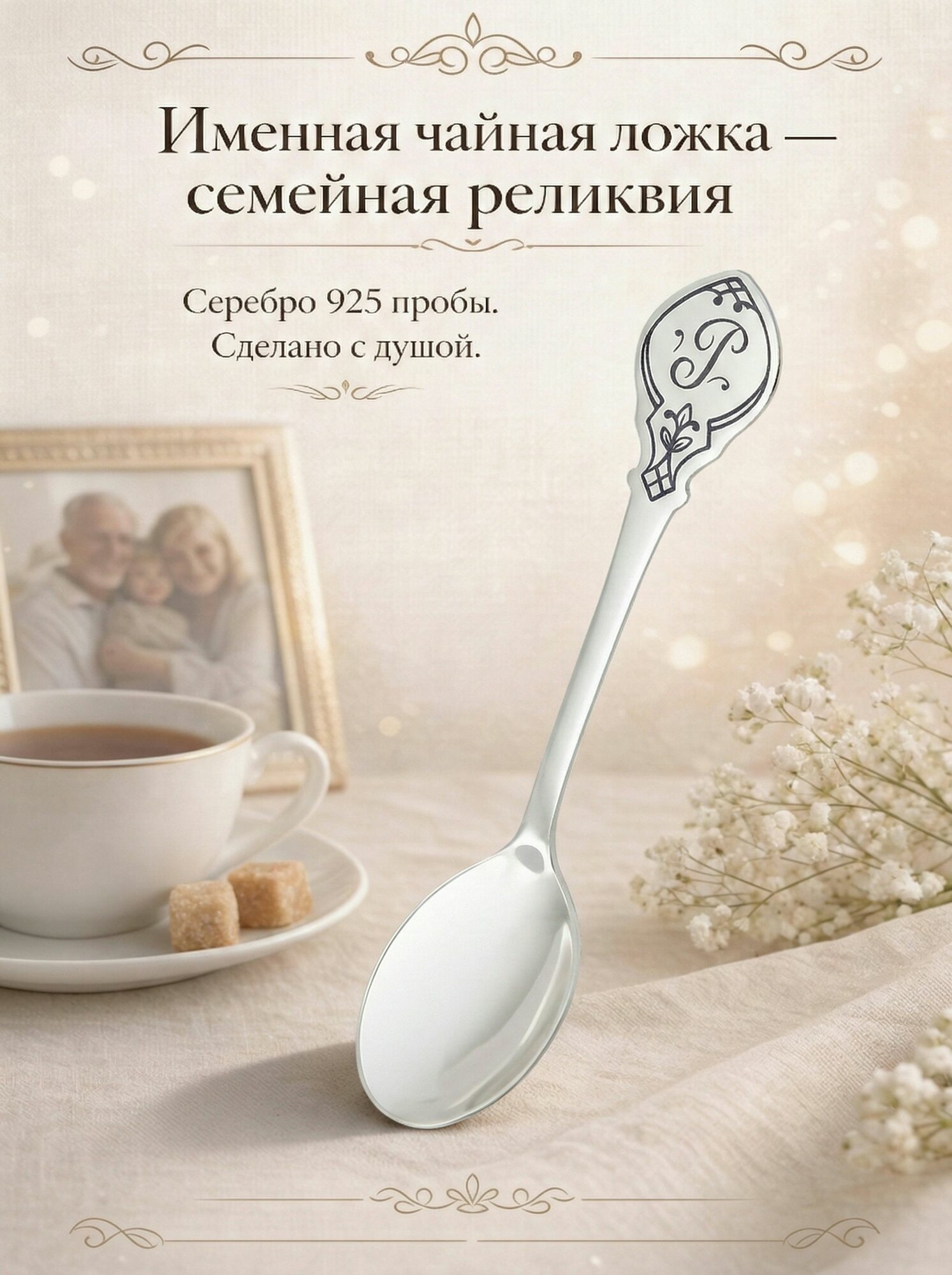 Серебряная именная чайная ложка с буквой "Р" в подарочном конверте, серебро 925 пробы