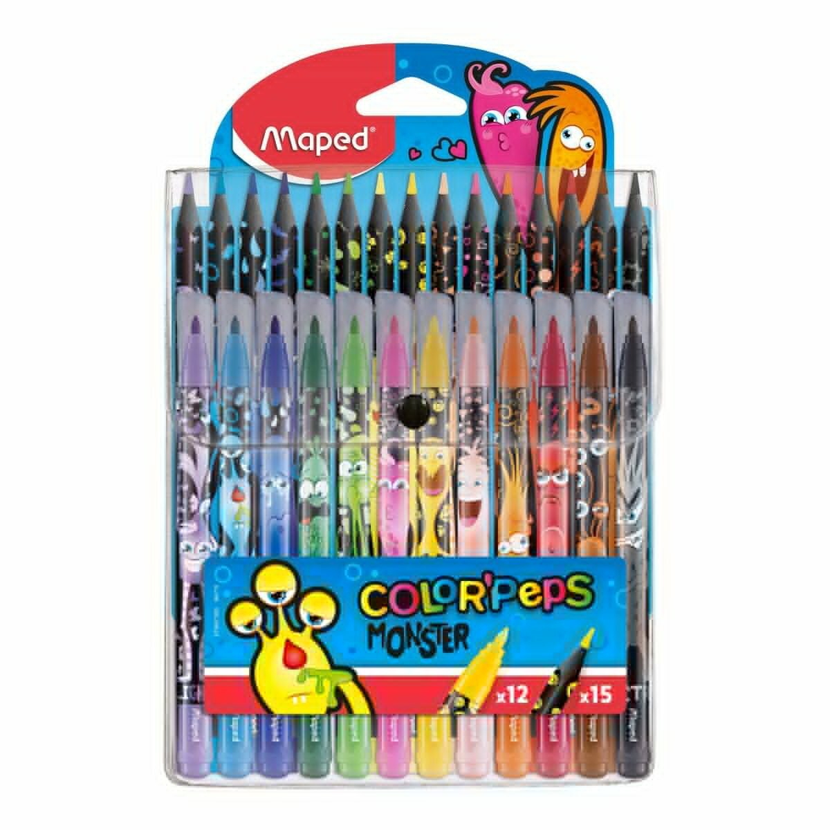 Набор для рисования Maped Color'Peps Monster, 12 фломастеров, 15 пластиковых цветных карандашей, в футляре (984718)