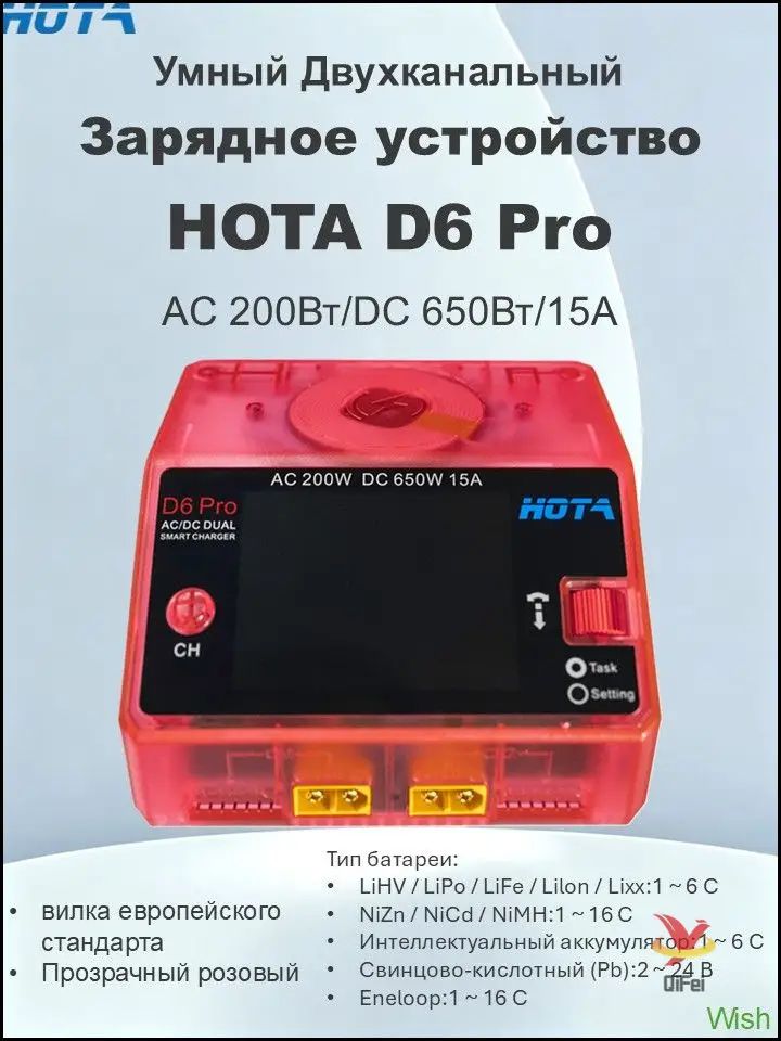 Умный Зарядное устройство HOTA D6 Pro, AC 200Вт/DC 650Вт/15А,2 канала, Двухканальный, вилка ЕС, Прозрачный розовый-x