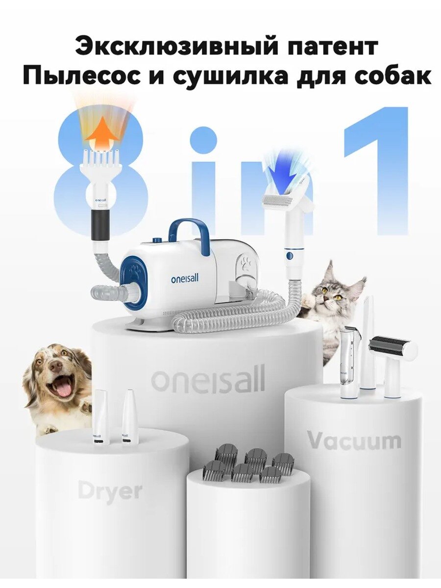 Набор для груминга животных 8-в-1: фен-пылесос для сушки шерсти собак и кошек, синий