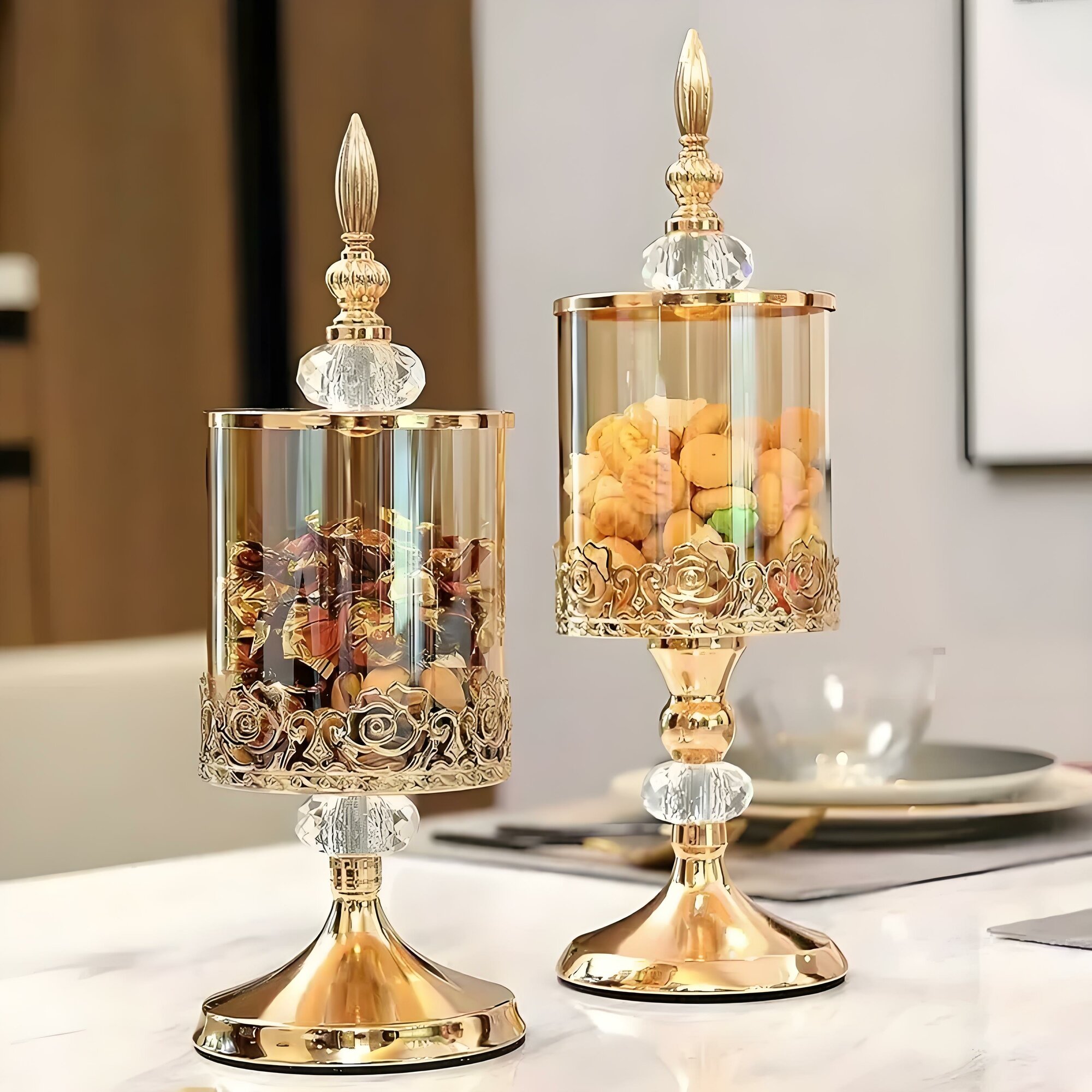 Эксклюзивный набор двух хрустальных банок с ажурными крышками и цветочным орнаментом 33.5x10см и 29x10см