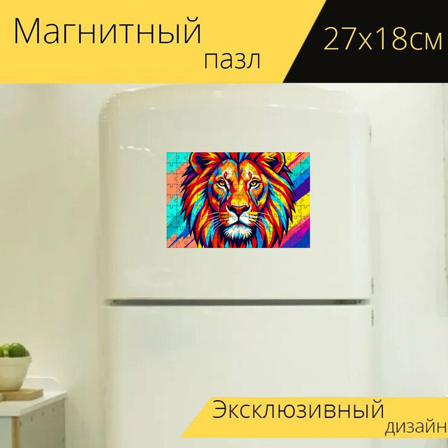 Магнитный пазл "Яркий лев в неоновых цветах. Стильный поп-арт образ царя зверей с разноцветной гривой, выразительным взглядом и контрастными." на холодильник 27 x 18 см.
