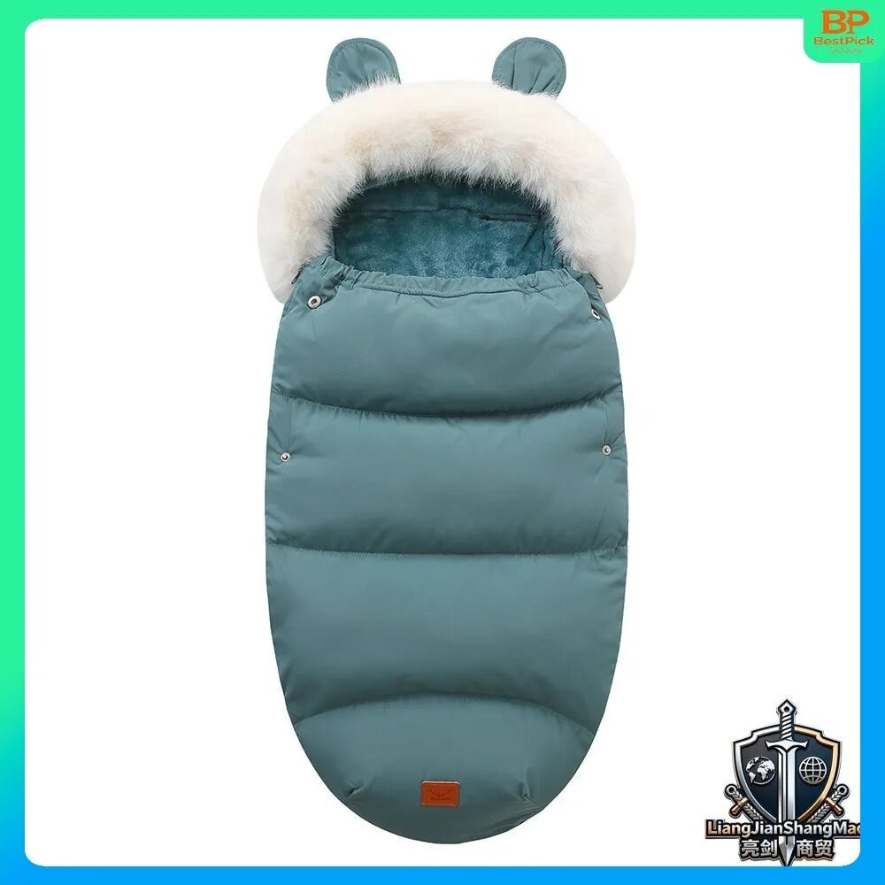 Утепленный бирюзовый конверт для коляски, размер 90, с капюшоном "мишка"