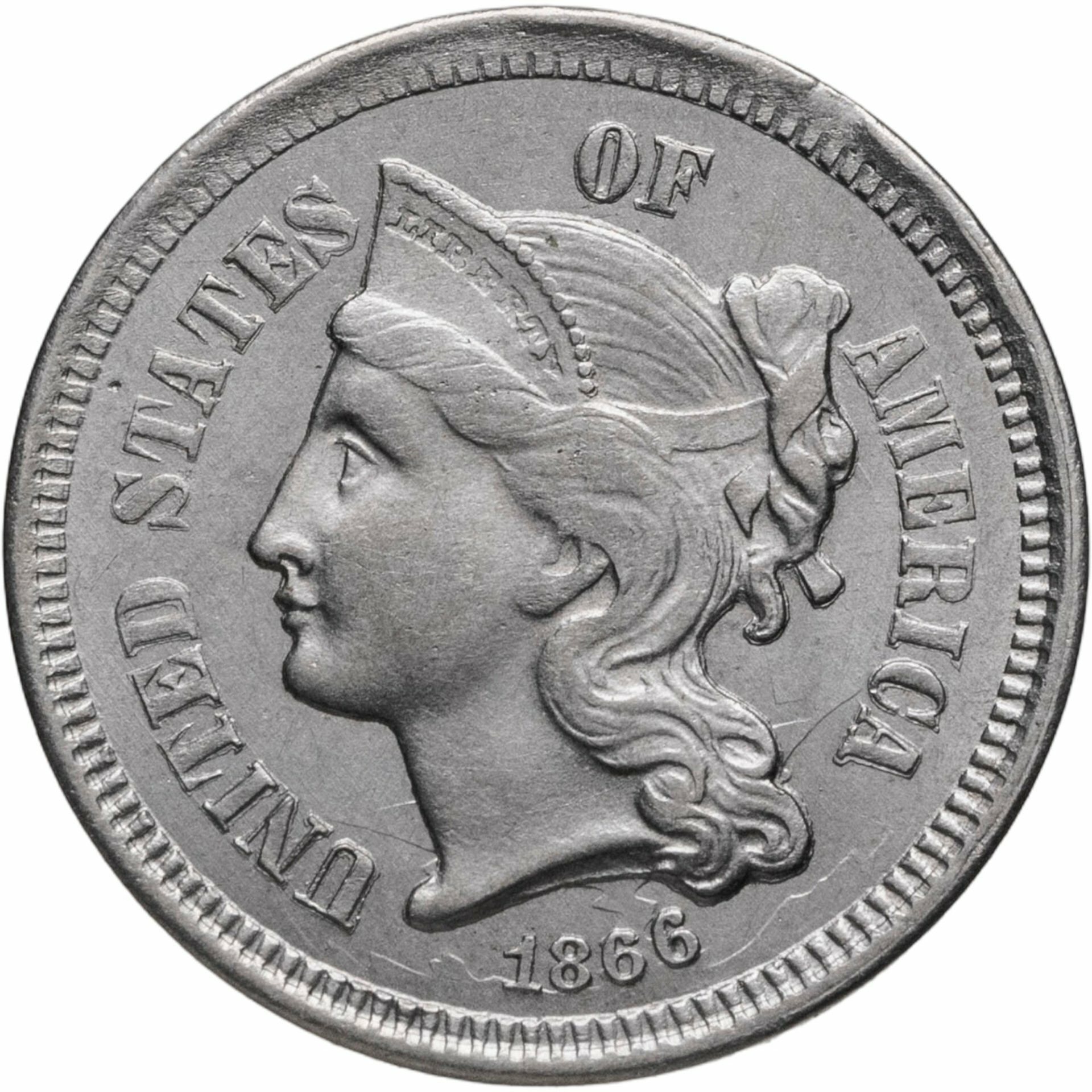 США 3 цента cents 1866 Three Cent Nickel, Мельхиор медь-никель, в сохранности AU
