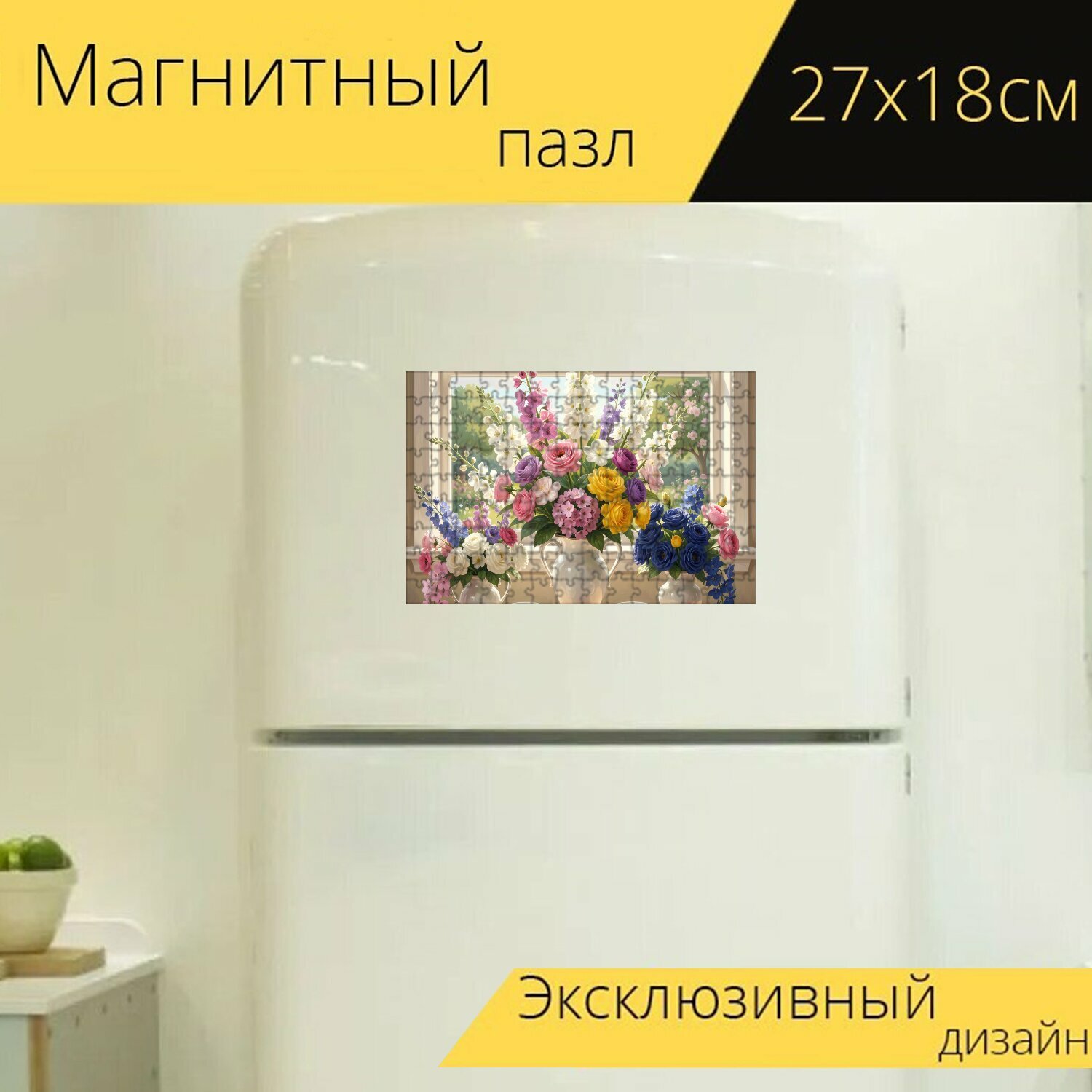 Магнитный пазл "Цветочные букеты у окна. Светлая композиция с пышными садовыми цветами в вазах на подоконнике, чашками и видом на зелёный сад за окном." на холодильник 27 x 18 см.